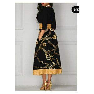 Rosewe | Dresses | Modest Black And Gold Chain Midi Dress With Pockets ...